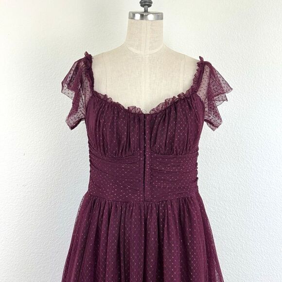 Dresses | Lulus Dress L Regal Radience Tulle Bustier Burgundy Swiss Dot ...